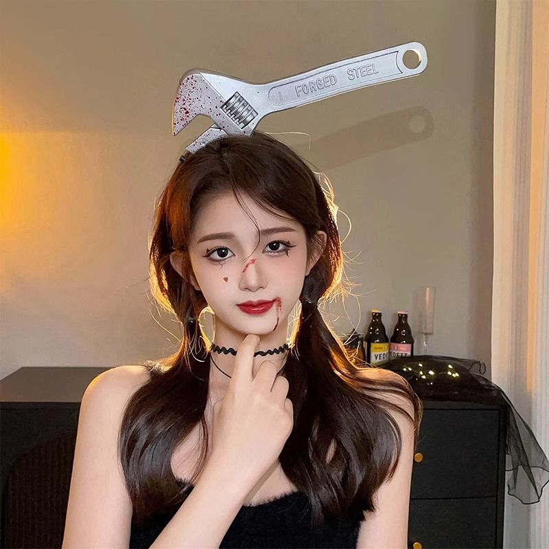Halloween weird, scary headdress, headband, kitchen knife, wrench, ax ...