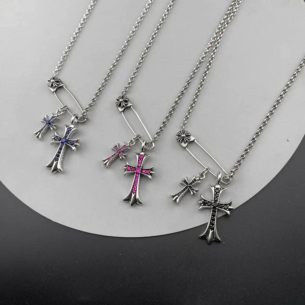 CH Chrome Hearts Classic Cross Diamond Double Cross Pin Necklace ...