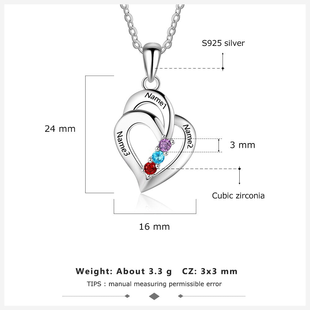 925 Sterling Silver Mothers Necklace with 3 Birthstones Romantic Name ...